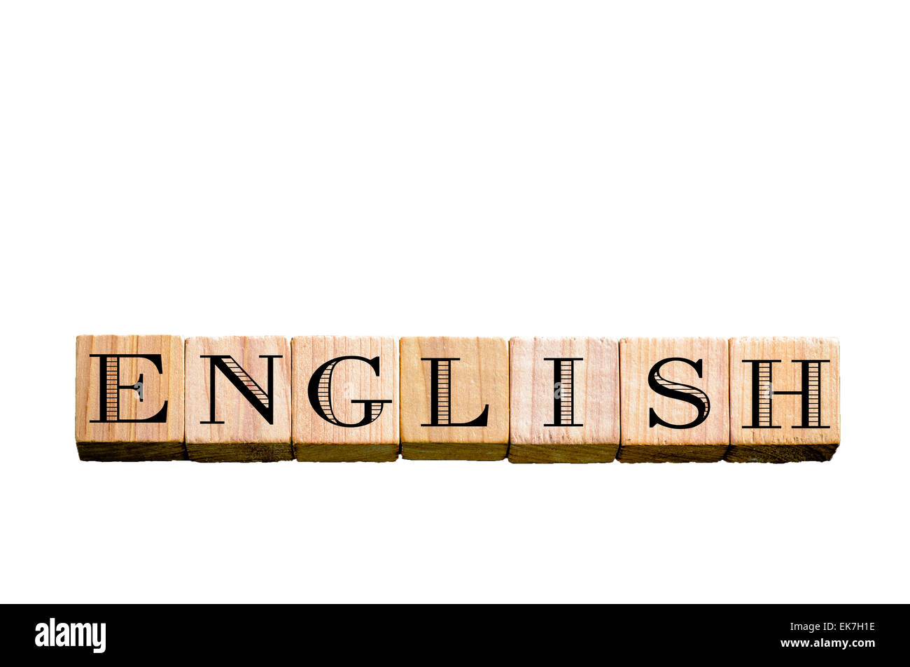 Word ENGLISH. Wooden small cubes with letters isolated on white ...