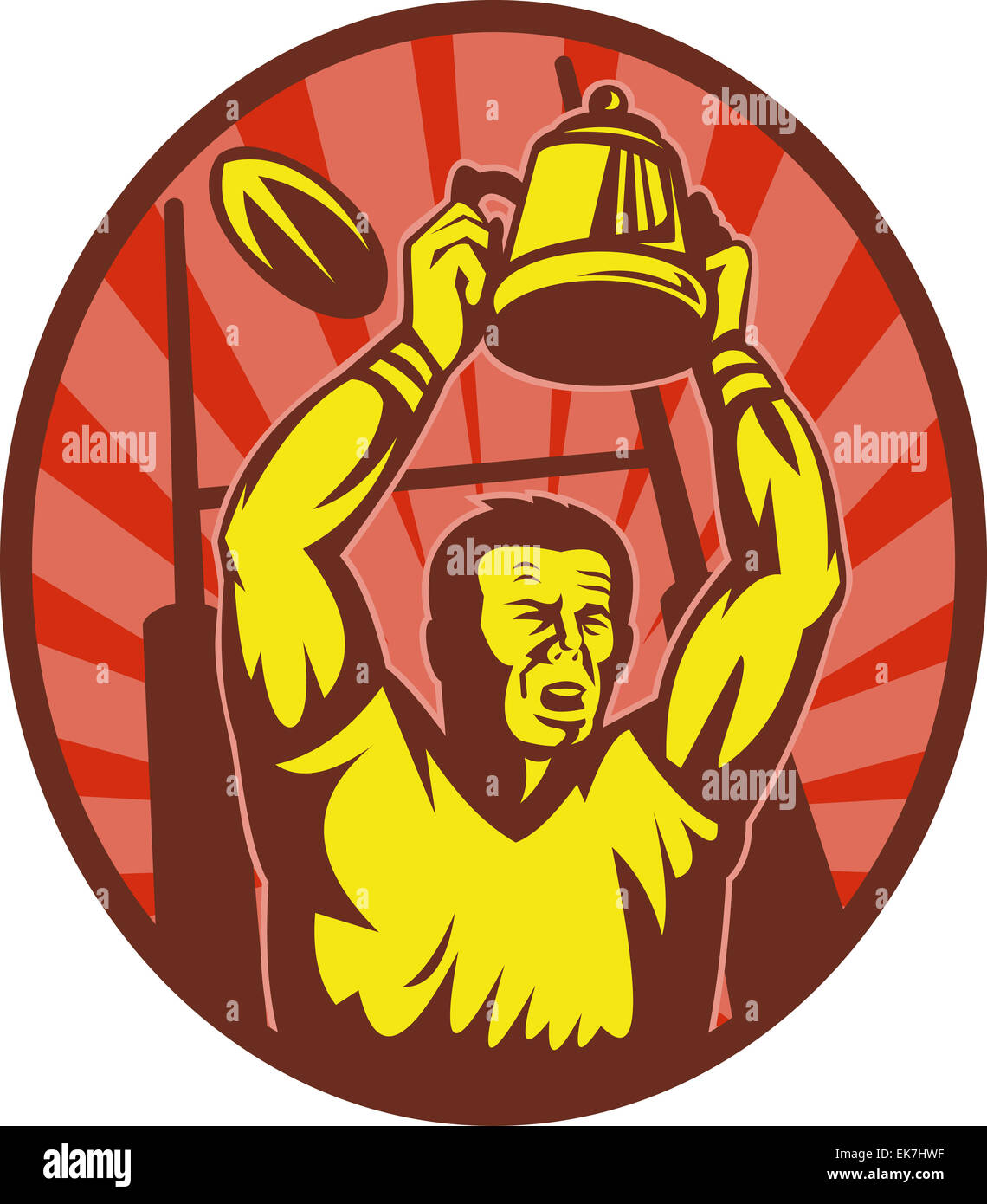 Rugby player raising up championship cup Stock Photo - Alamy