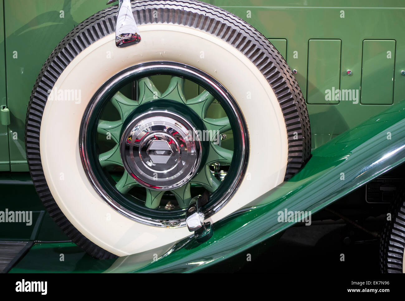 Lateral mounted spare tire typical for vintage luxury cars at the ...