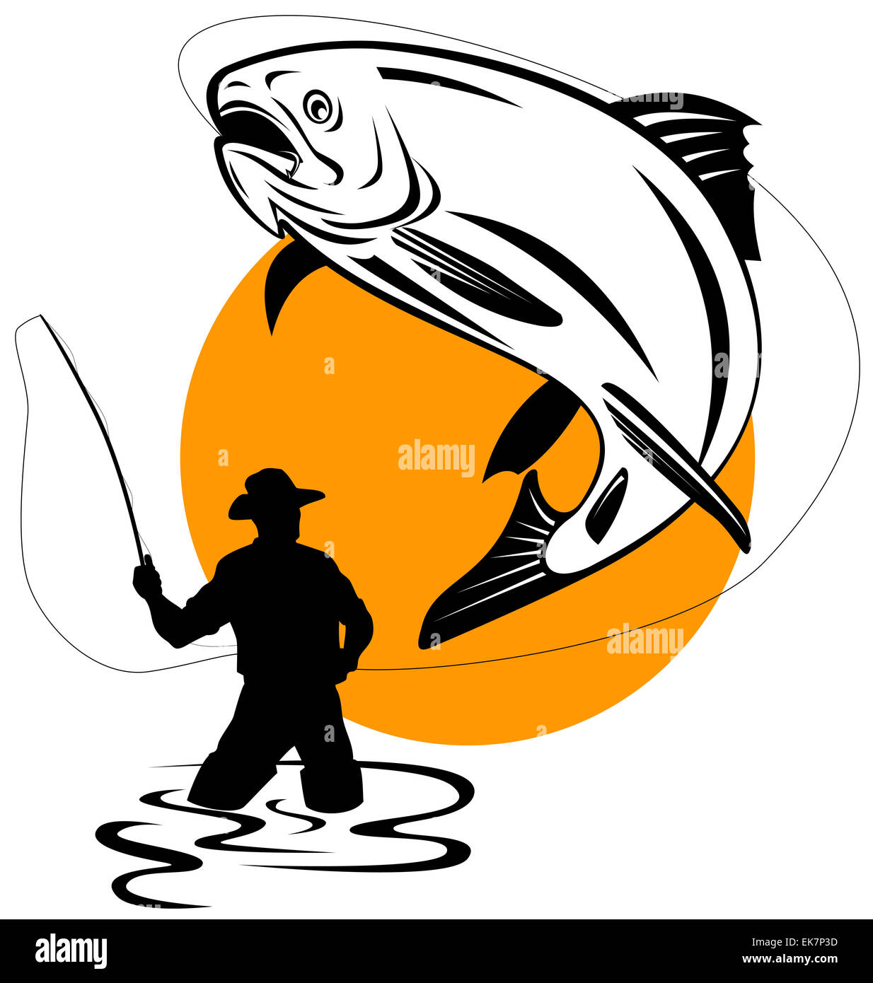 trout fish jumping reeled by fly fisherman Stock Photo - Alamy