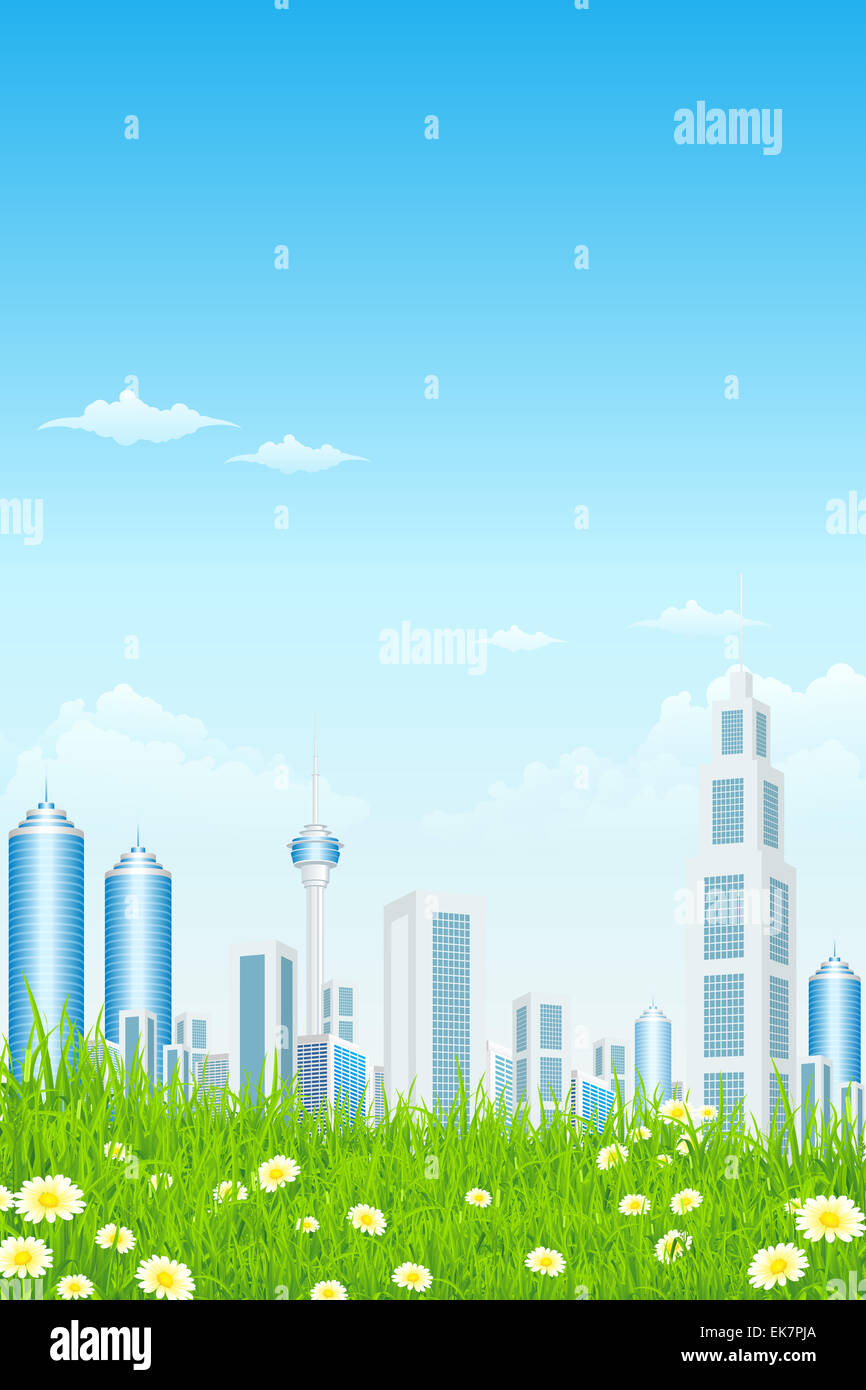 Green Grass with Skyscrapers, Sun and Rays Stock Photo - Alamy