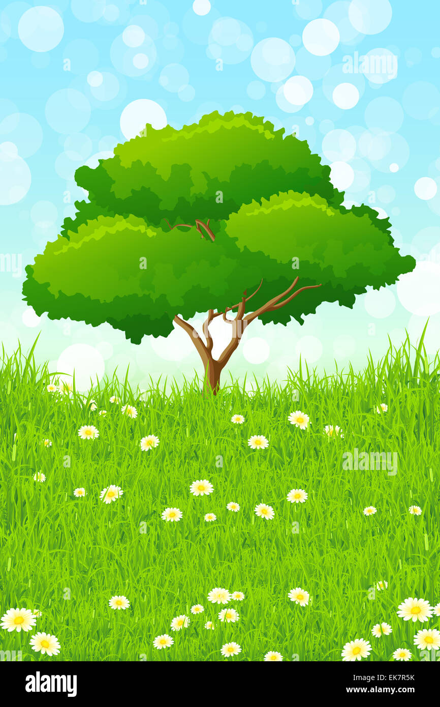 Green landscape with Tree, Grass and Flowers Stock Photo - Alamy
