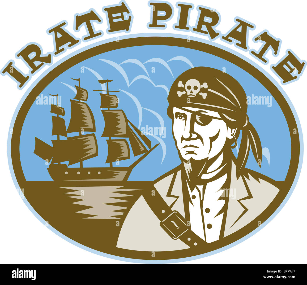 Irate Pirate with sailing tall ship Stock Photo - Alamy