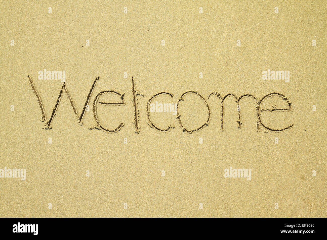 Welcome written on sand Stock Photo - Alamy