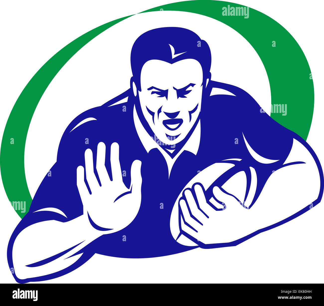 rugby player with ball fending off Stock Photo - Alamy