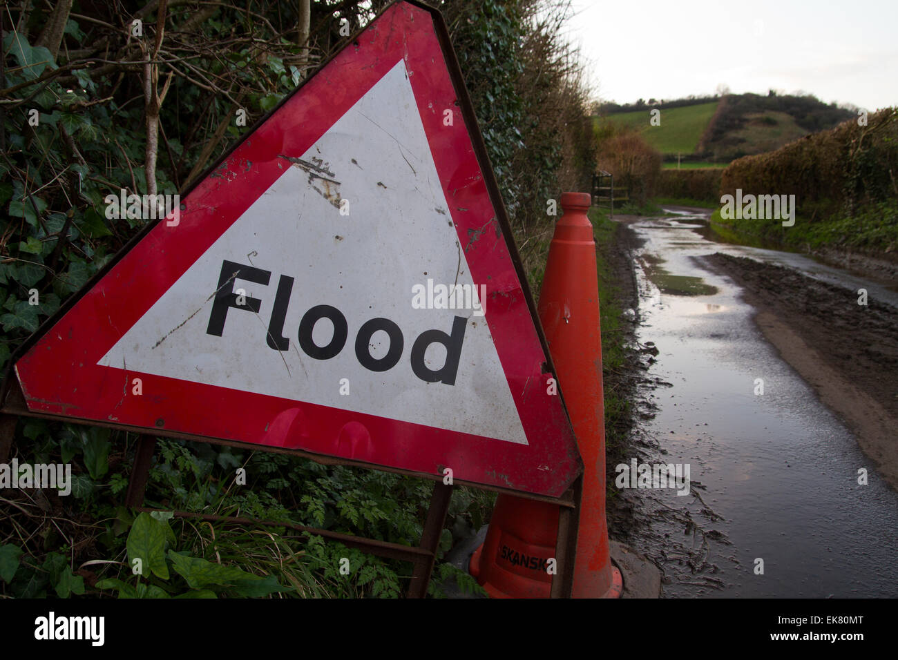Flood warning sign in Coxley in Somerset UK Stock Photo - Alamy