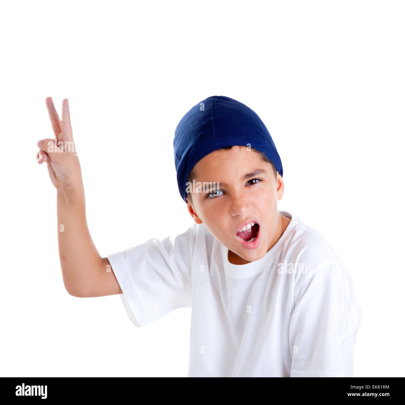 blue cap kid boy with victory hand gesture portrait Stock Photo - Alamy