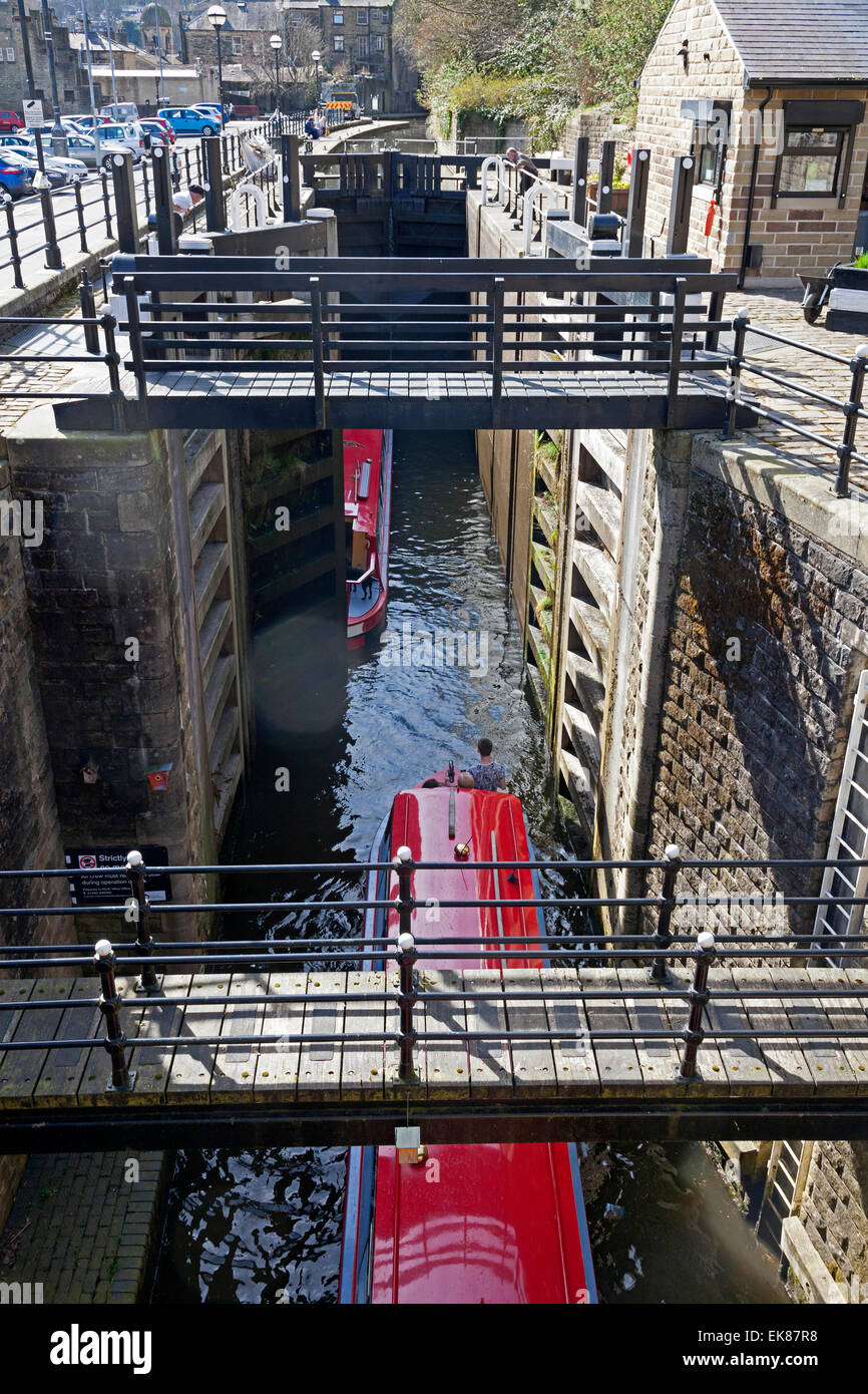 Narrowboats entering Tuel Lane Deep Lock on the Rochdale Canal, Sowerby ...
