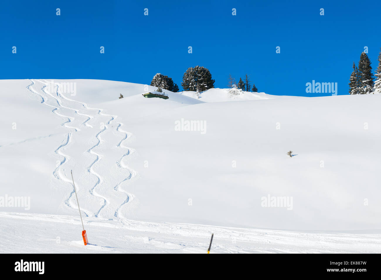Snow background with ski and snowboard tracks Stock Photo - Alamy