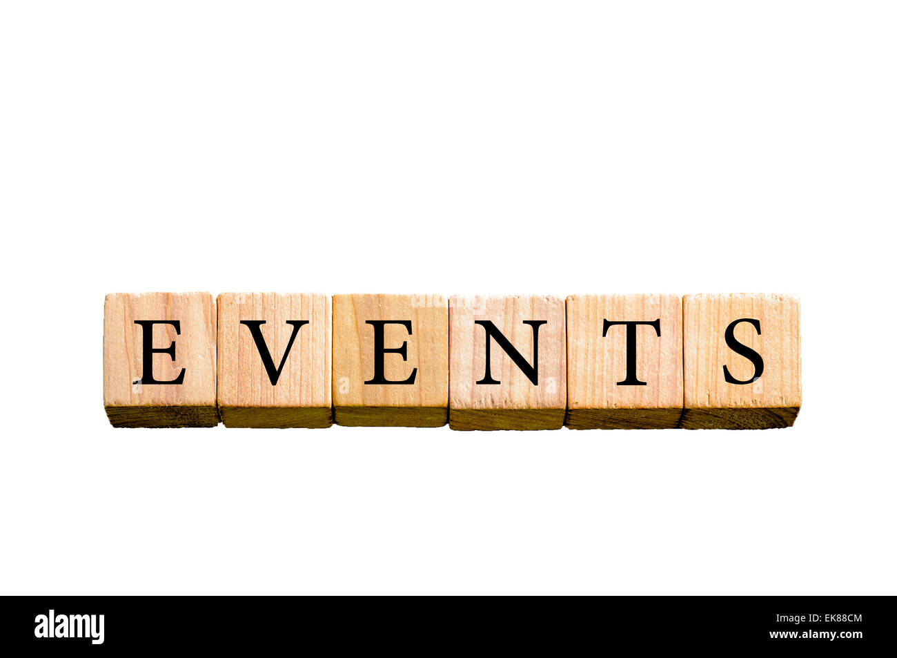 Word EVENTS. Wooden small cubes with letters isolated on white ...