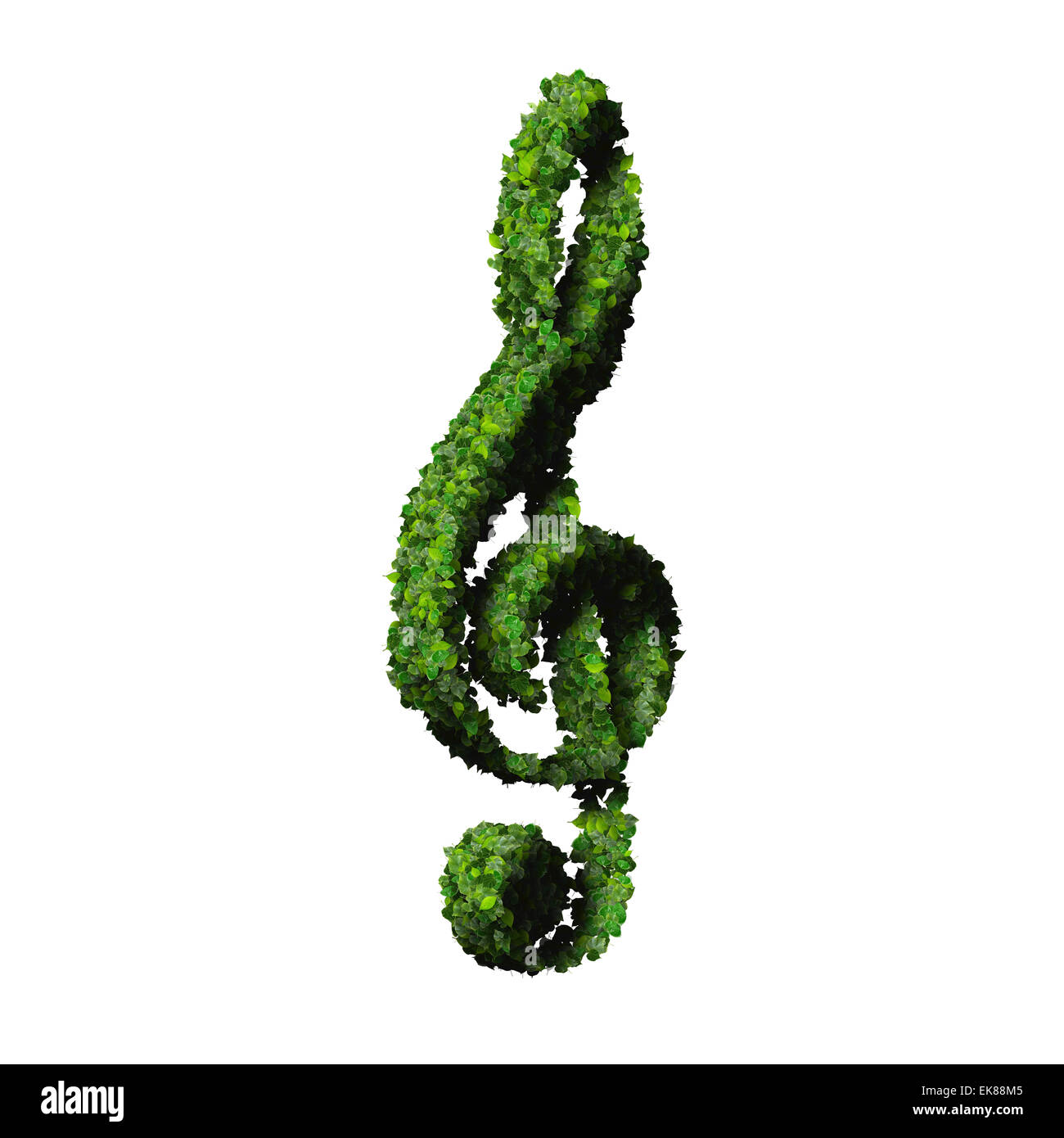 Musical note clef symbol made from green leaves isolated on white ...