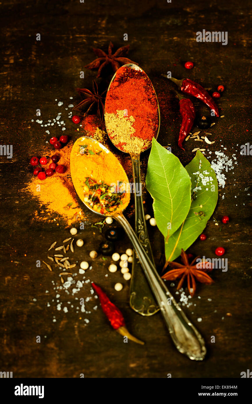 spices on a wooden board Stock Photo - Alamy