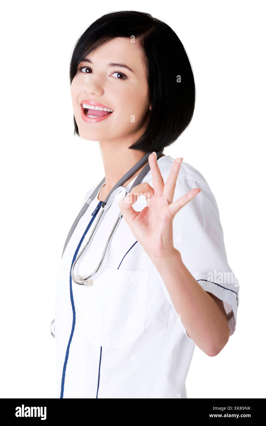 Female doctor or nurse gesturing perfect Stock Photo - Alamy