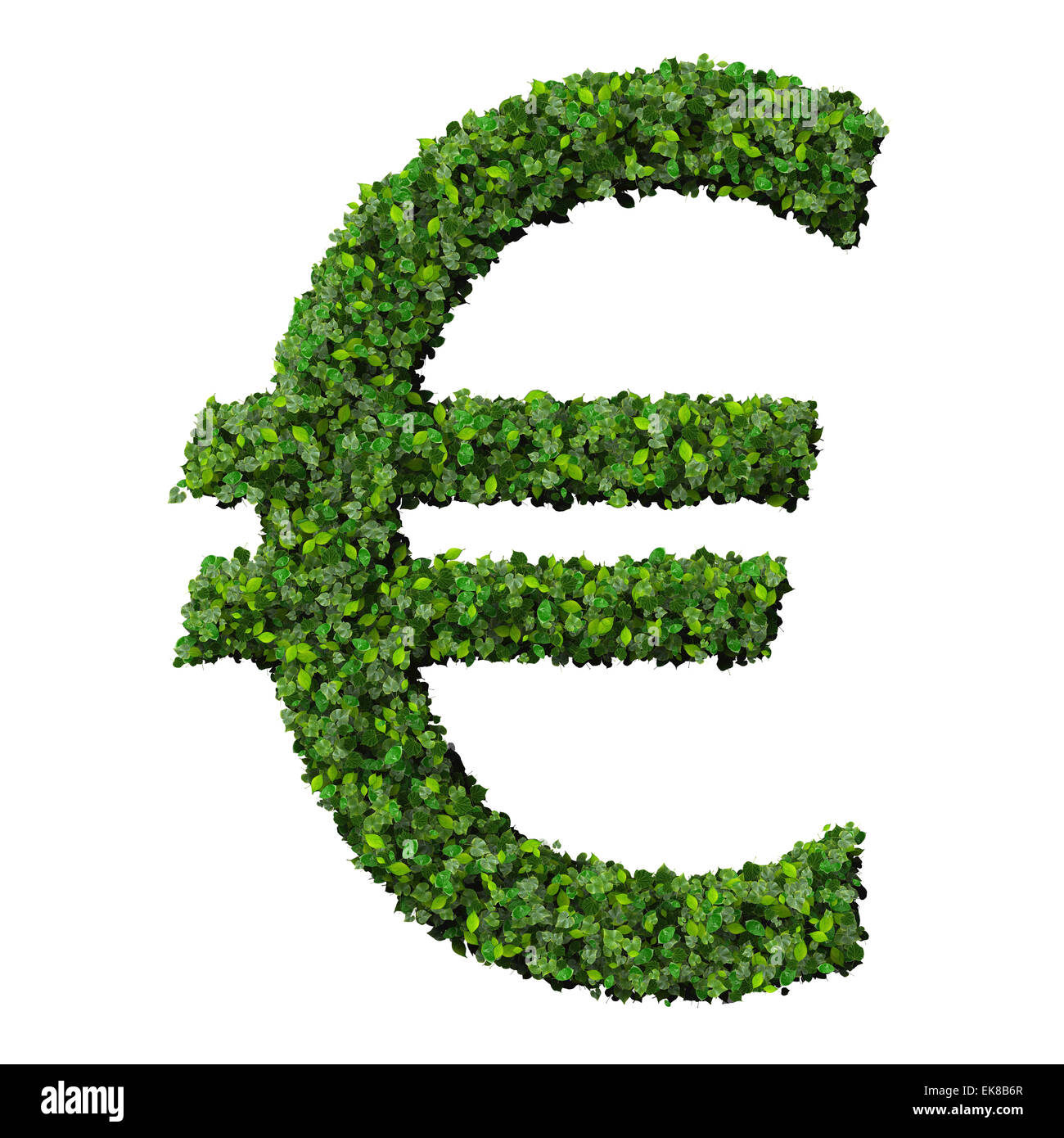 Euro (currency) symbol or sign made from green leaves isolated on white ...