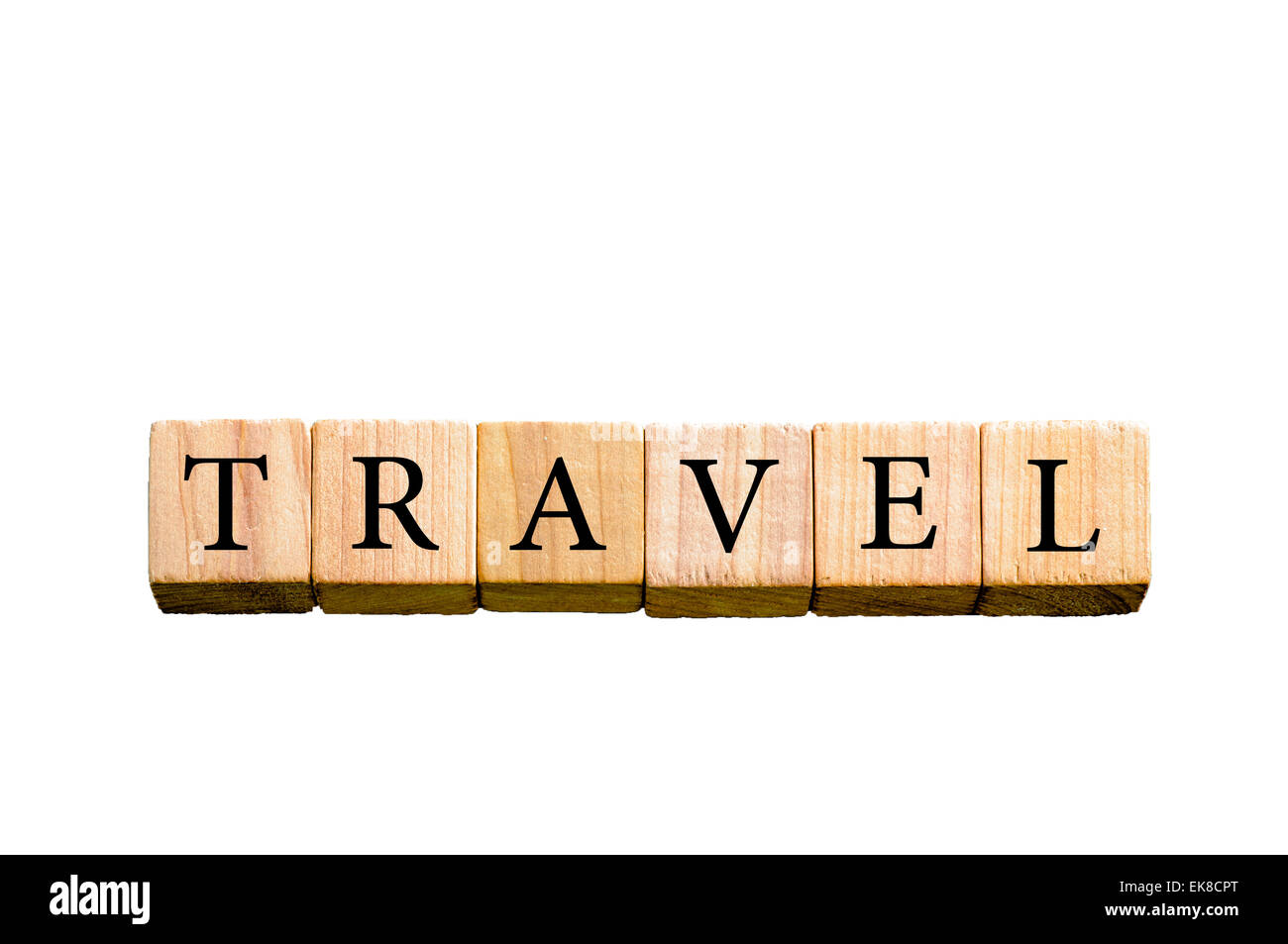 Word TRAVEL. Wooden small cubes with letters isolated on white ...