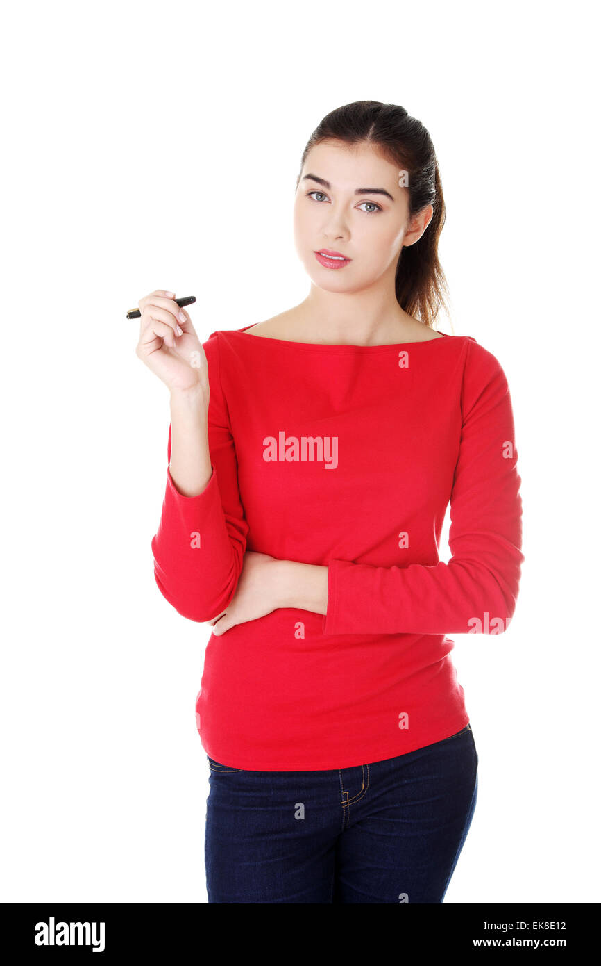 Happy smiling student girl with pen Stock Photo - Alamy