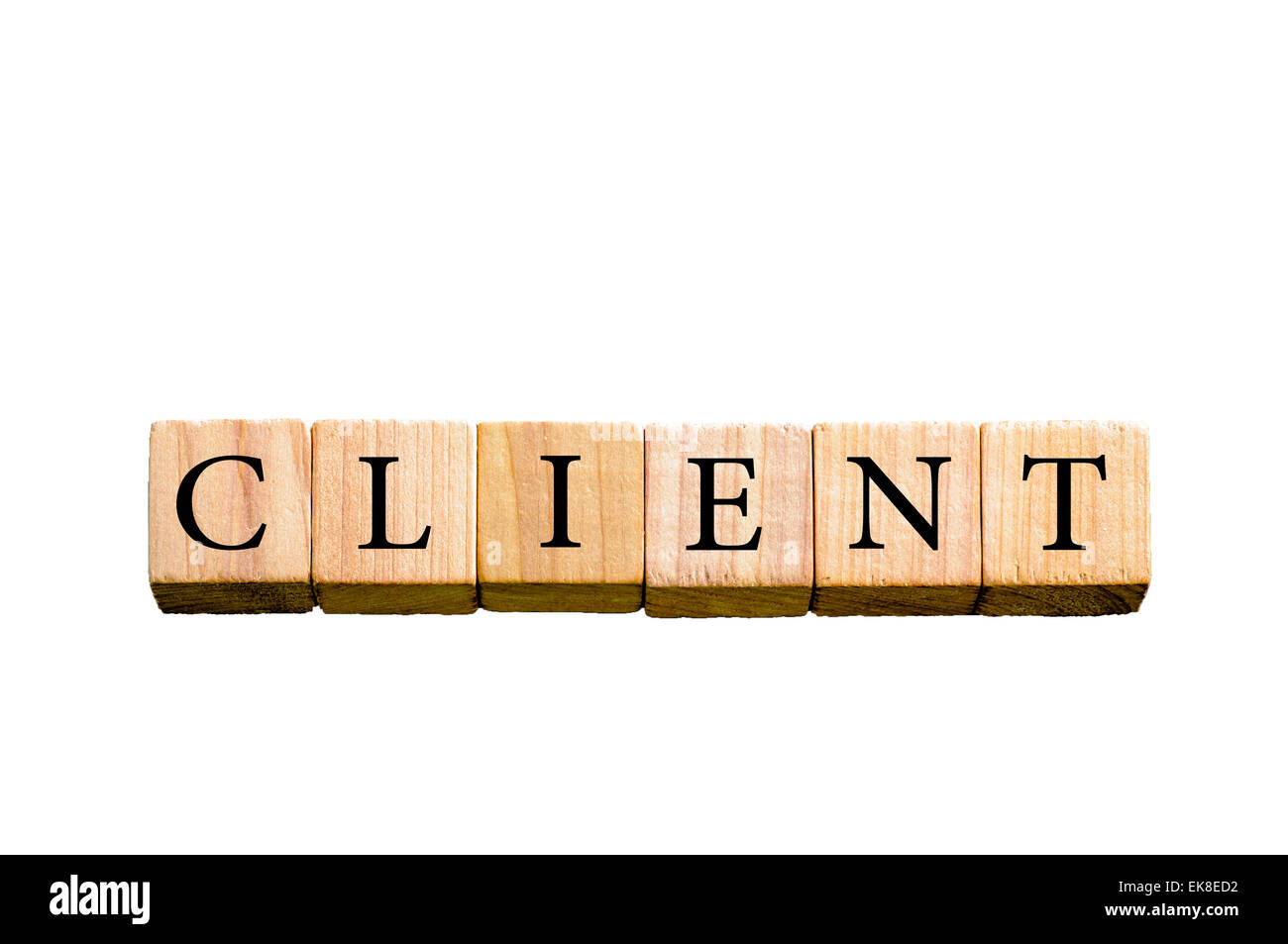 Word CLIENT. Wooden small cubes with letters isolated on white ...