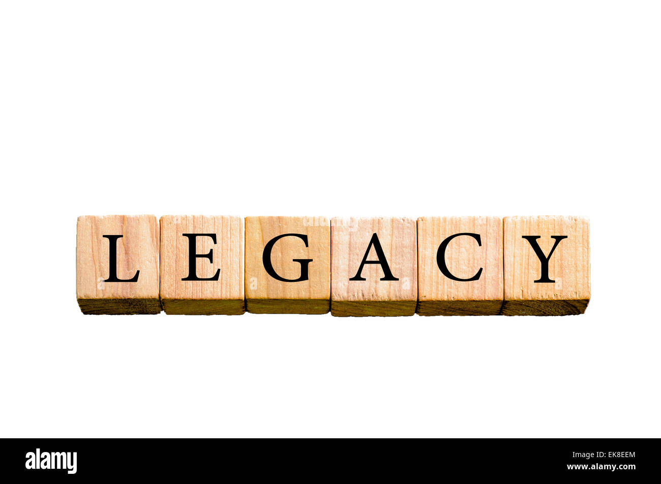 Word LEGACY. Wooden small cubes with letters isolated on white ...