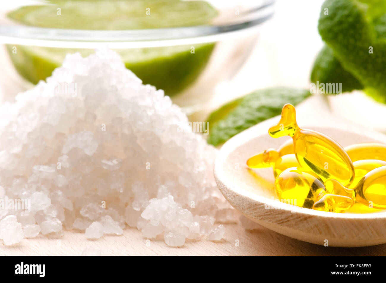 lemon bath - bath salt, capsule and fresh fruits Stock Photo - Alamy