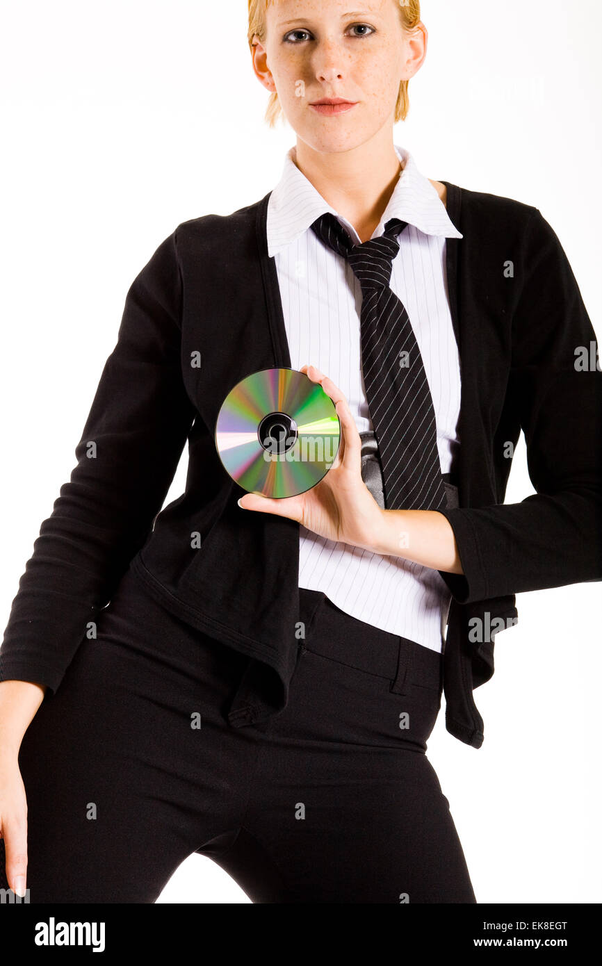 Business woman posing with a CD Stock Photo - Alamy