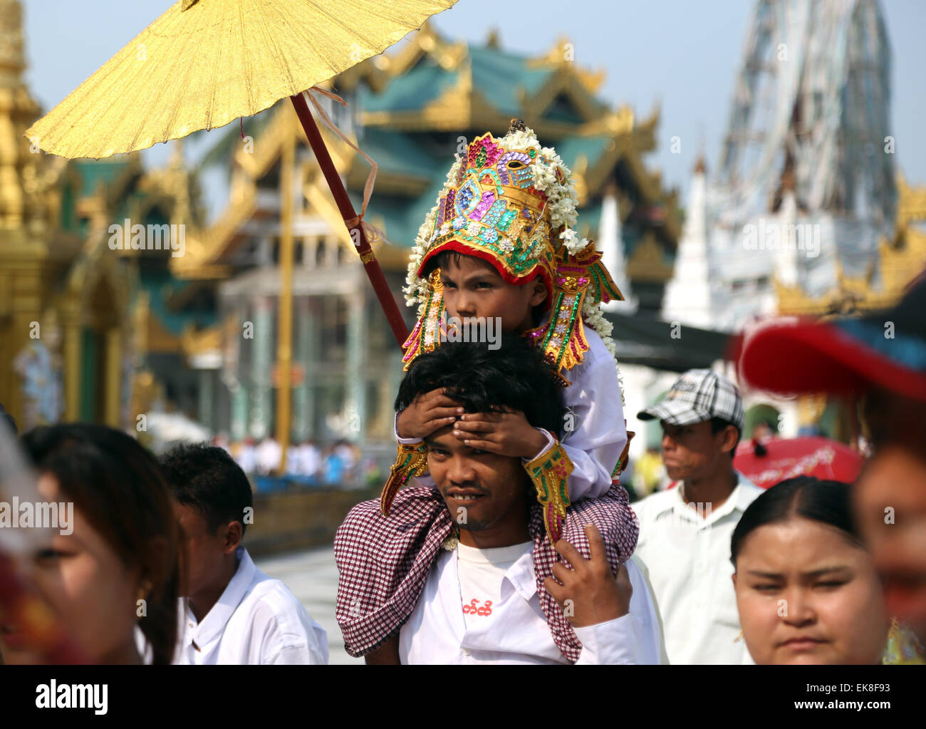 Yangon, Myanmar. 8th Apr, 2015. A young boy in traditional attire ...