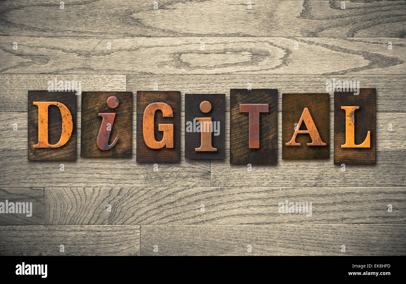 The word "DIGITAL" theme written in vintage, ink stained, wooden ...