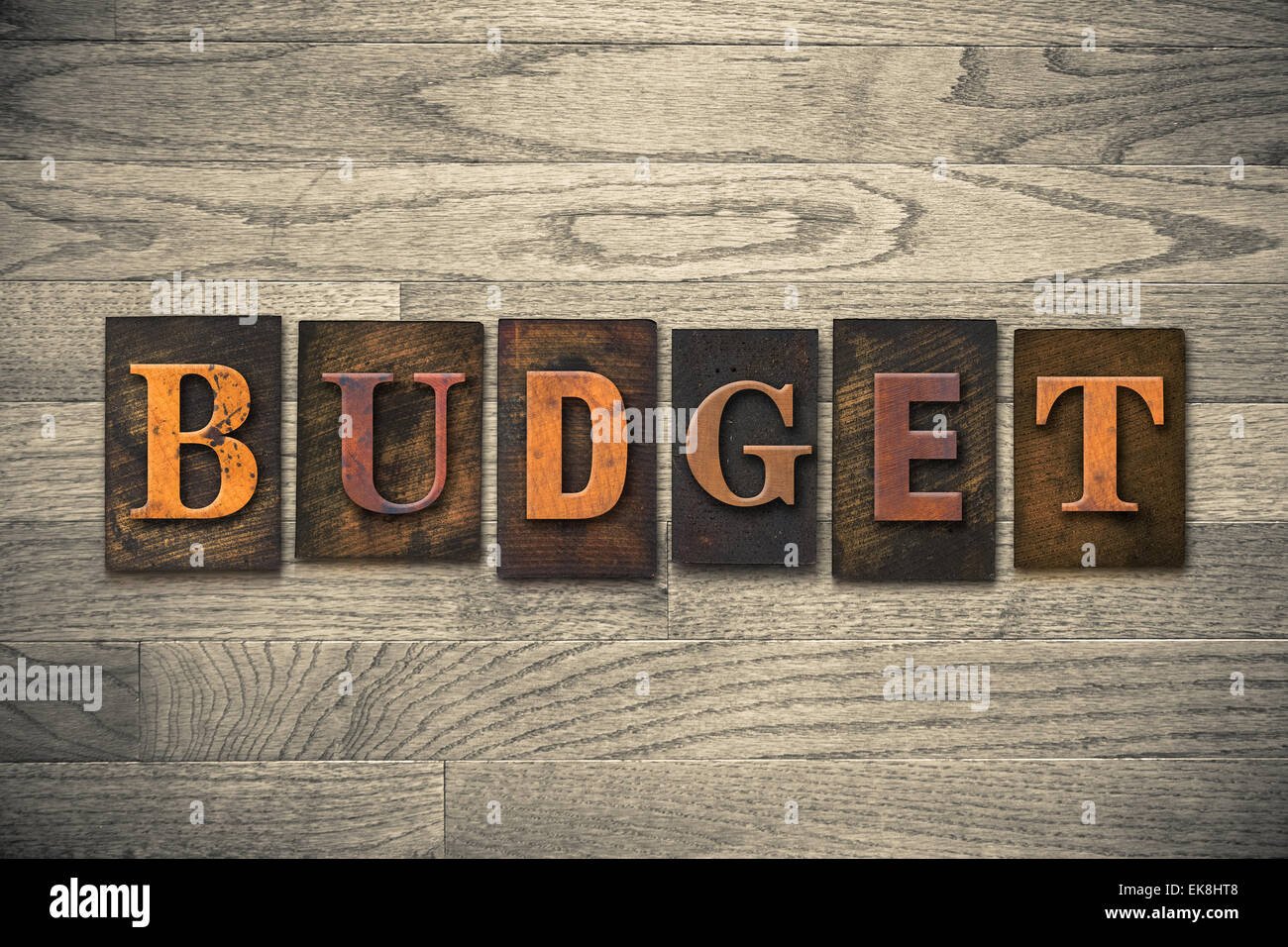 The word "BUDGET" theme written in vintage, ink stained, wooden ...