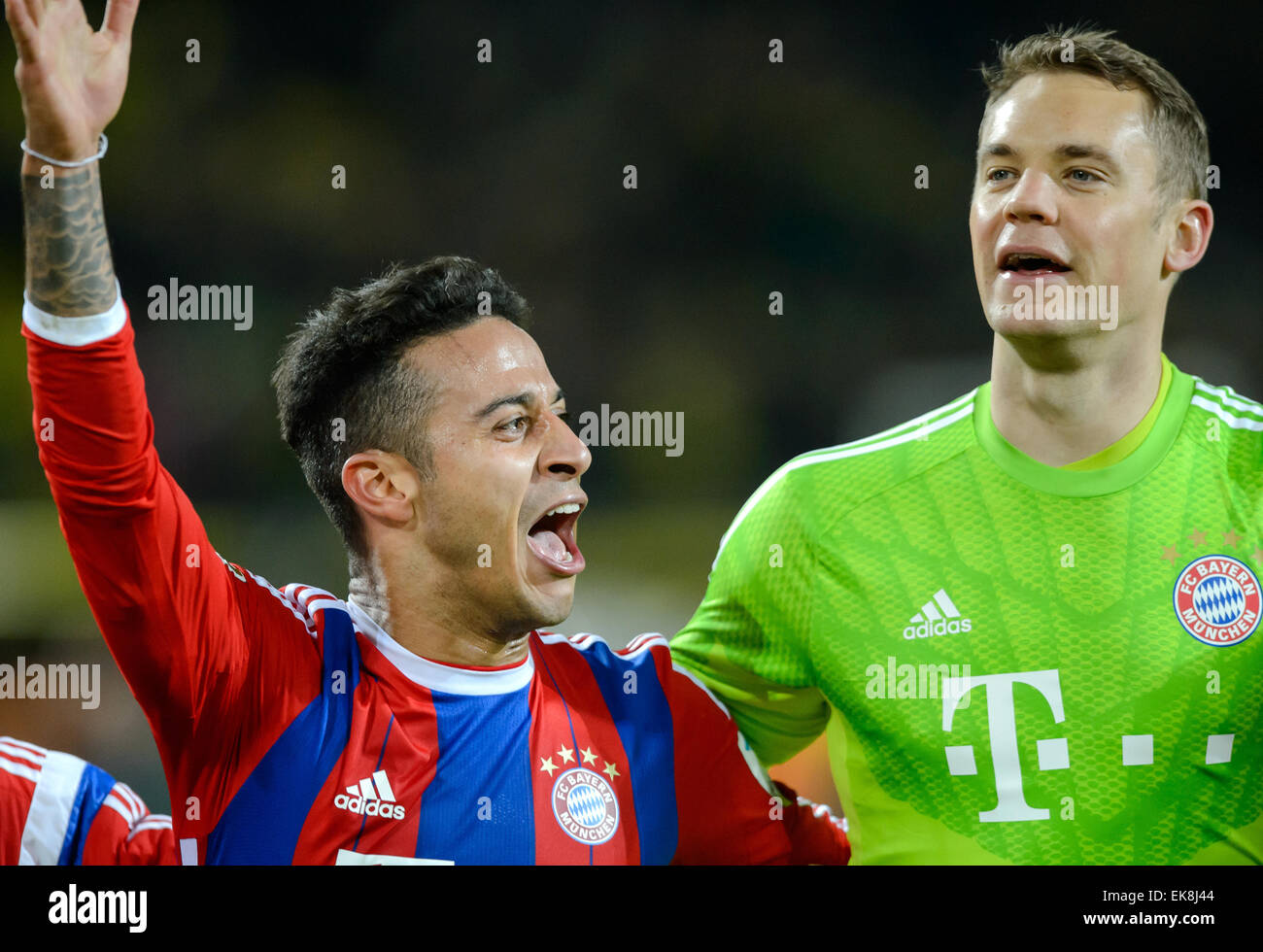 Dortmund, Germany. 04th Apr, 2015. Munich's Thiago Alcantara (L) and ...