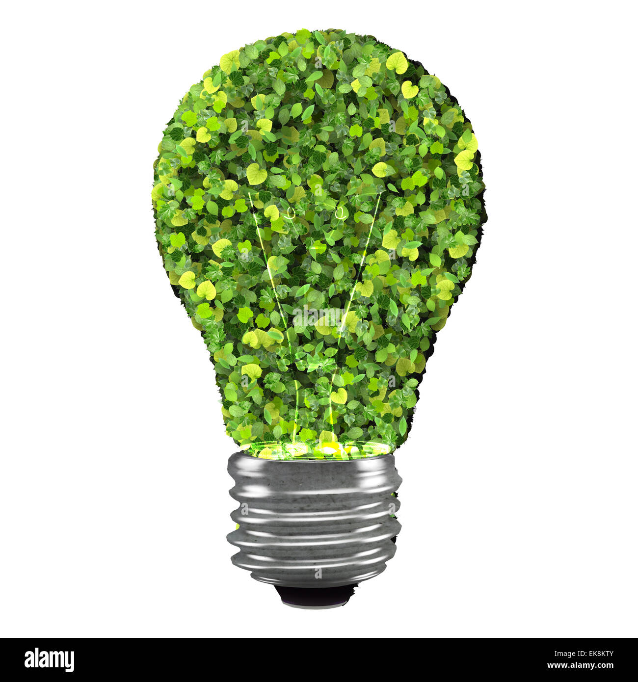 Eco bulb made from green leaves isolated on white background. 3D render ...