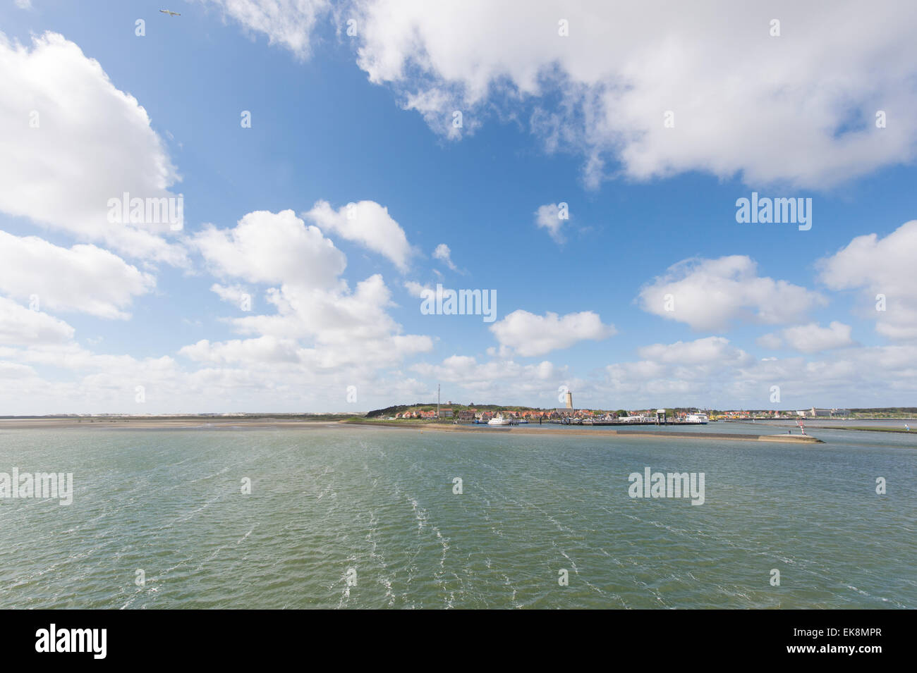 Landscape at sea with Dutch wadden island Terschelling with harbor ...