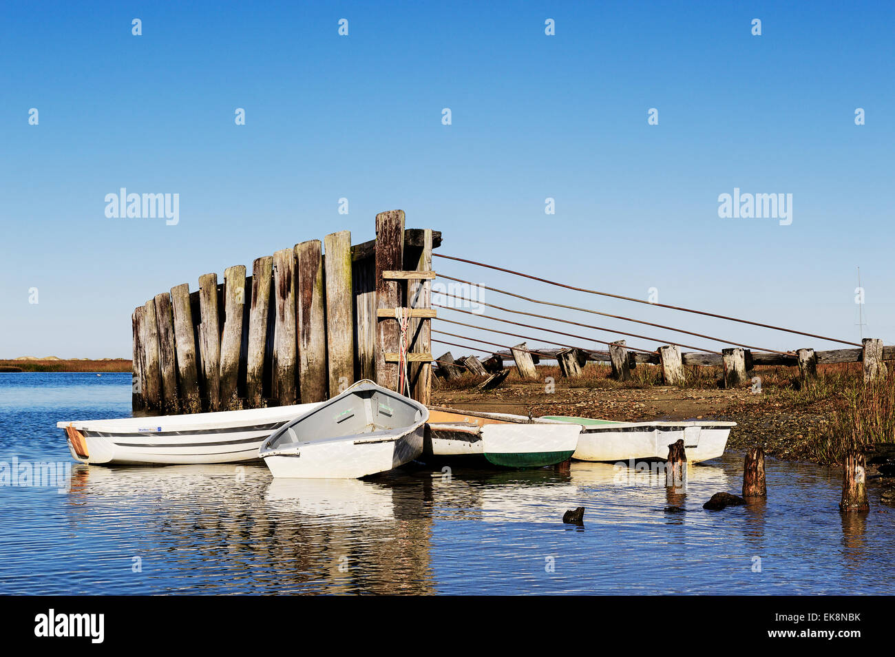 Rowboats docked in a salt marsh, Yarmouth, Cape Cod, Massachusetts, USA ...