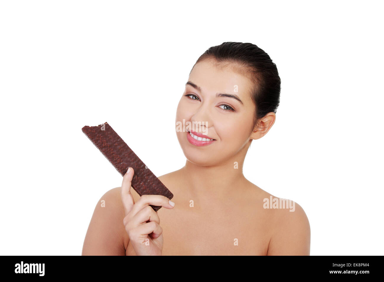 Pretty happy smiling woman eating chocolate waffle Stock Photo - Alamy