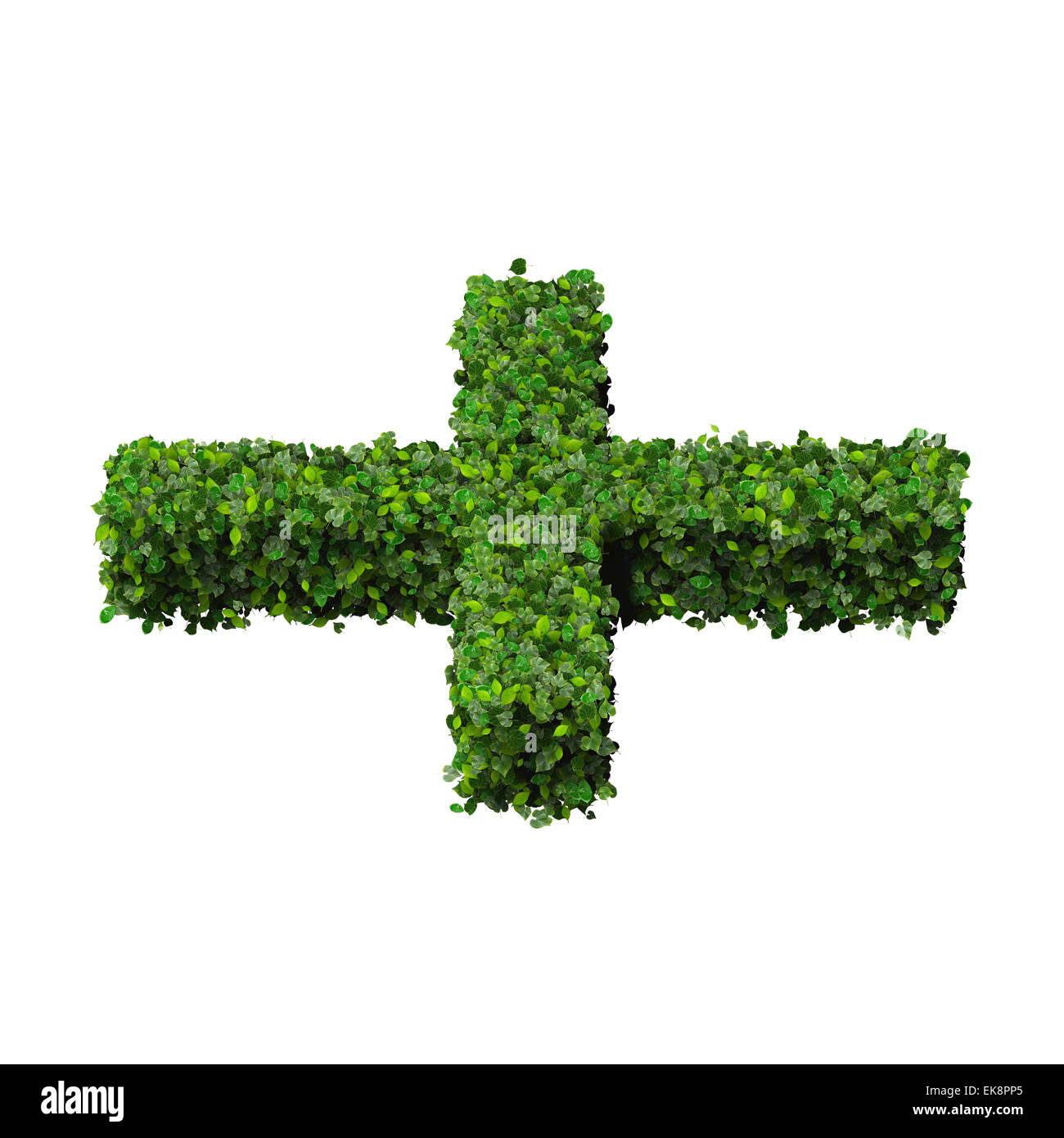 Pharmacy Plus with ring, sign made from green leaves isolated on black ...