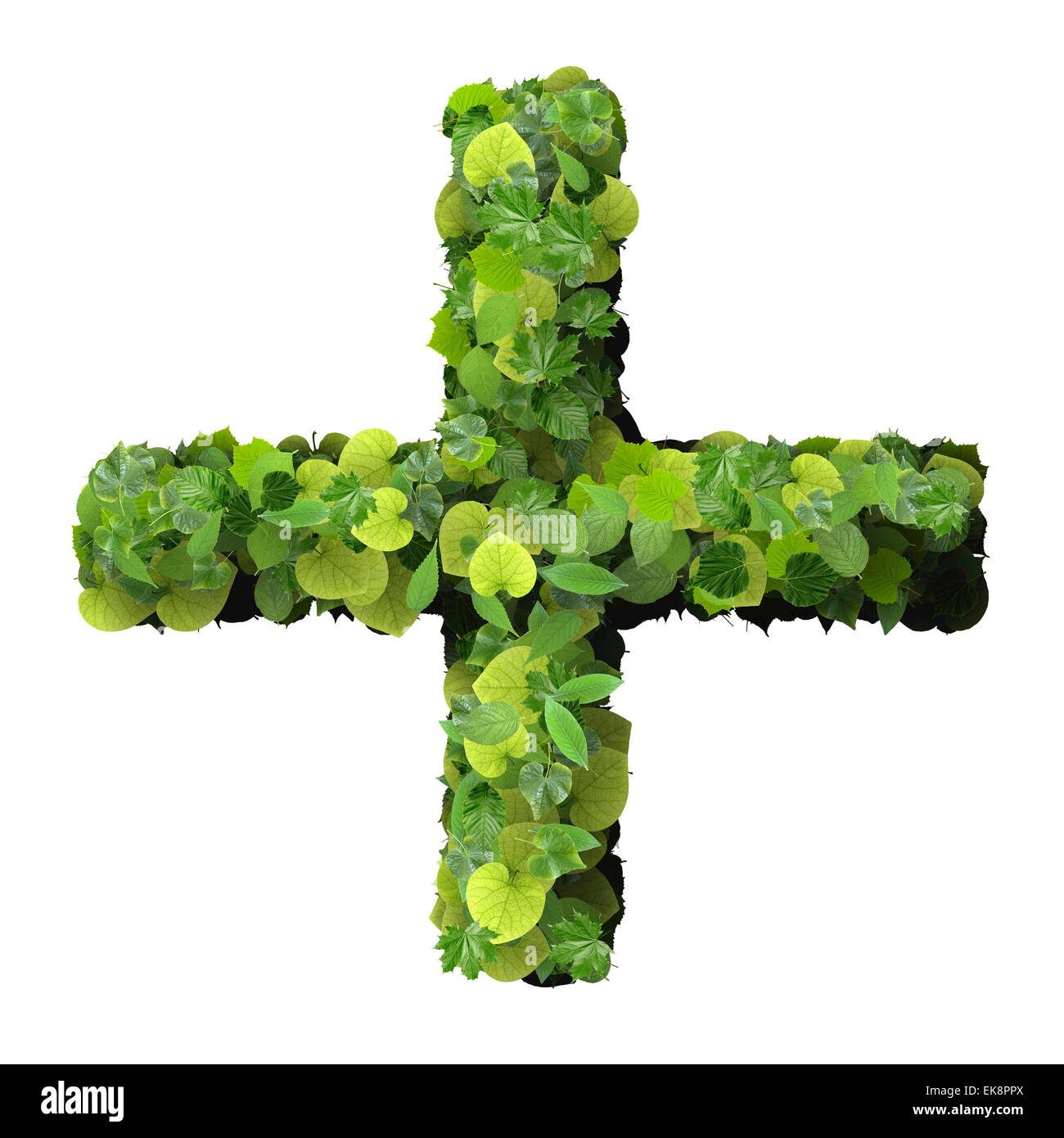 Pharmacy Plus with ring, sign made from green leaves isolated on black ...