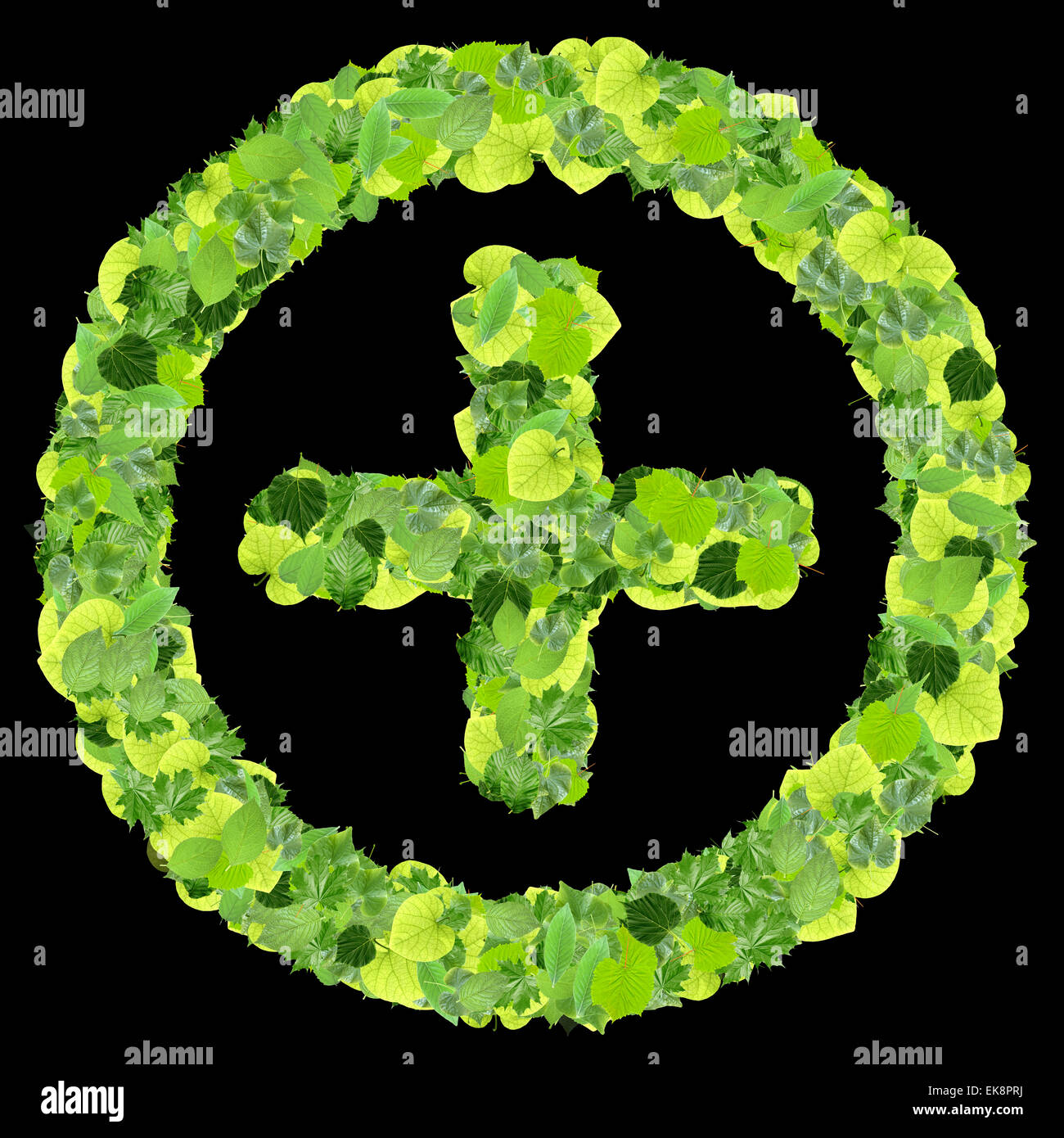 Pharmacy Plus with ring, sign made from green leaves isolated on black ...