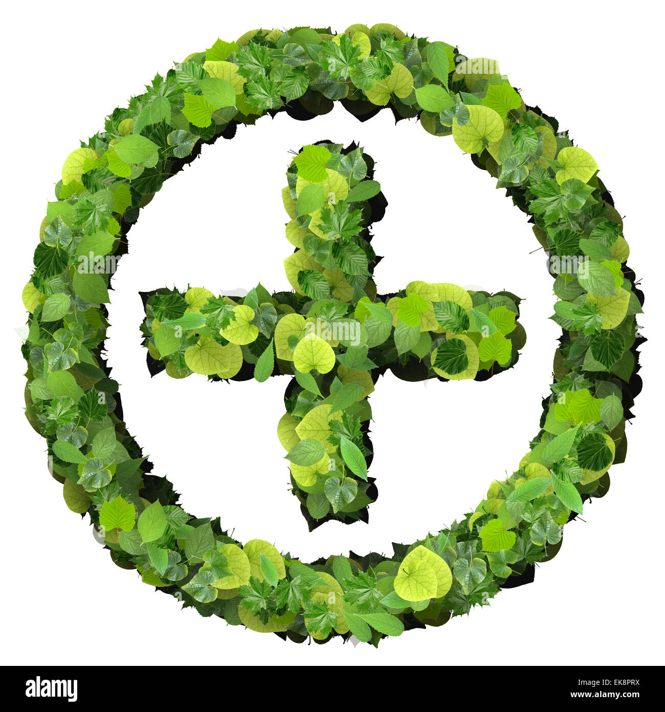 Pharmacy Plus with ring, sign made from green leaves isolated on black ...