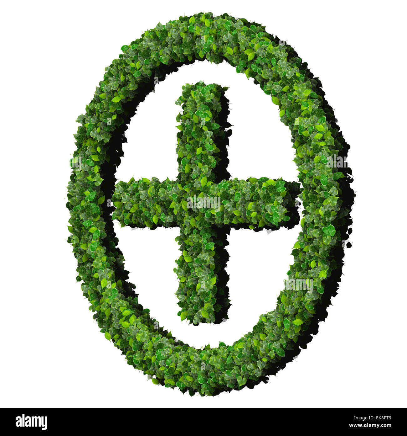 Pharmacy Plus with ring, sign made from green leaves isolated on black ...