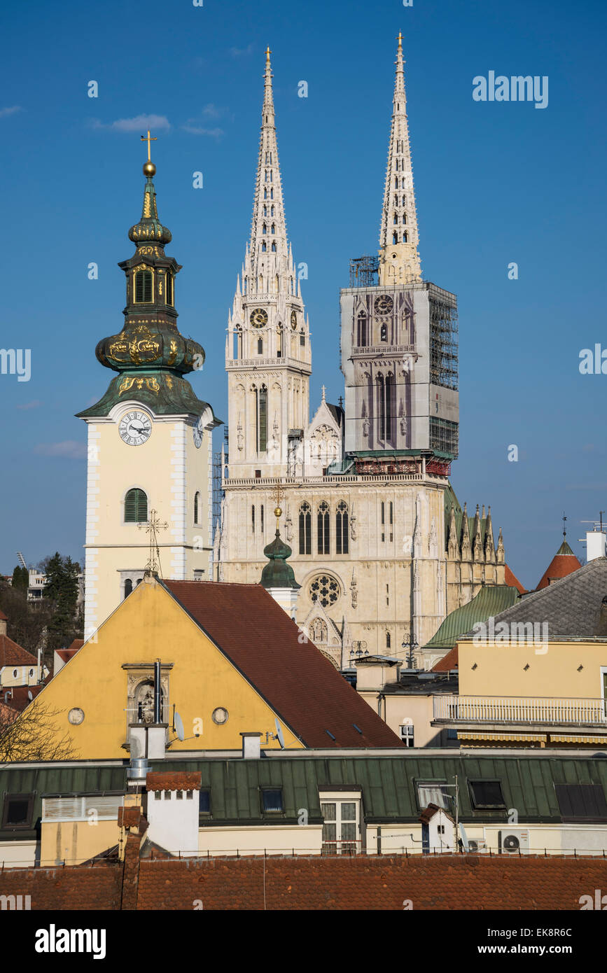 View of Kaptol with the Cathedral and Baroque church tower of Parish ...