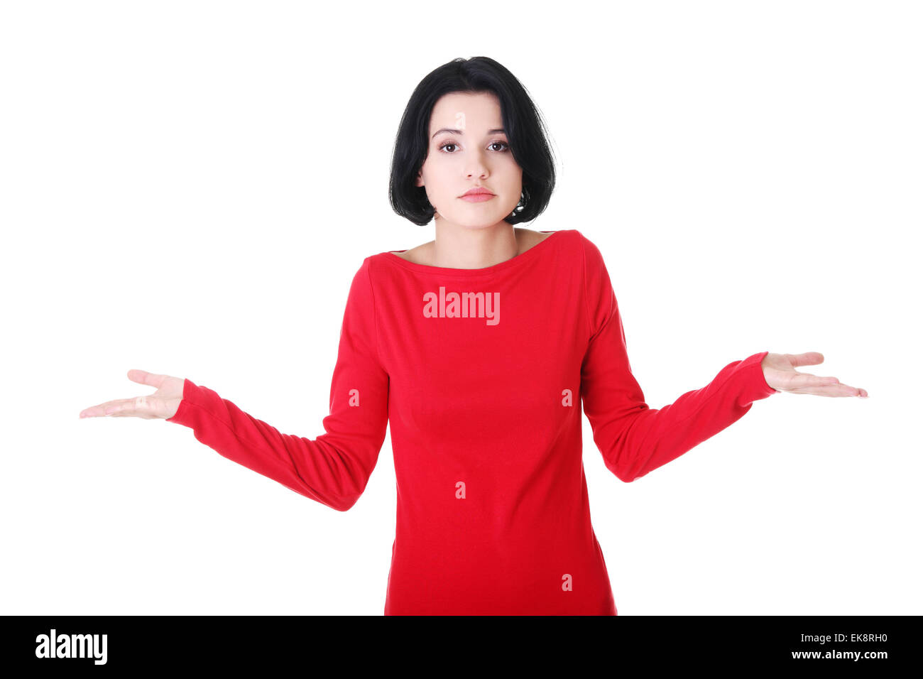 Young female gesturing do not know sign Stock Photo - Alamy