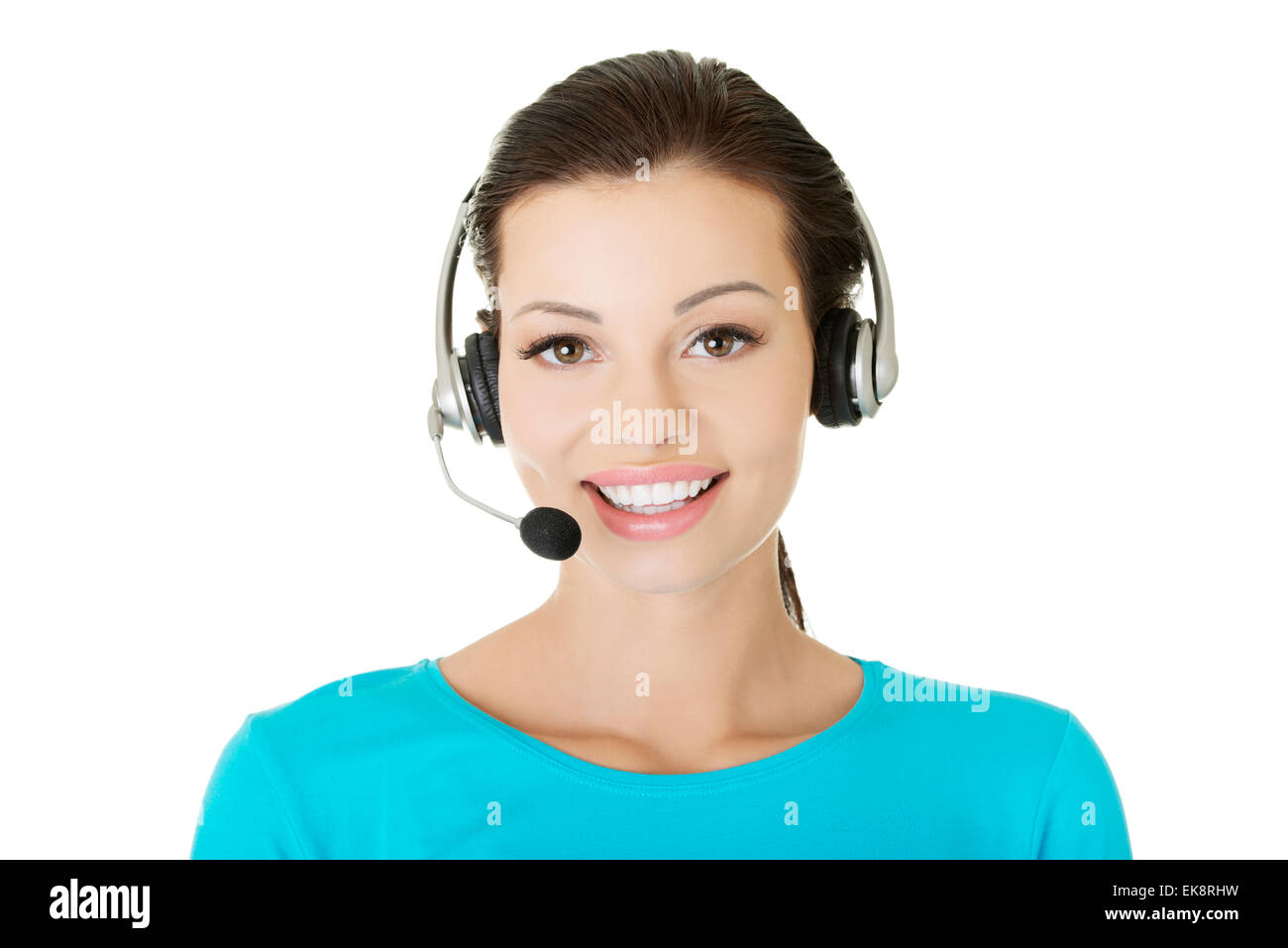 Beautiful young call-center assistant smiling Stock Photo - Alamy