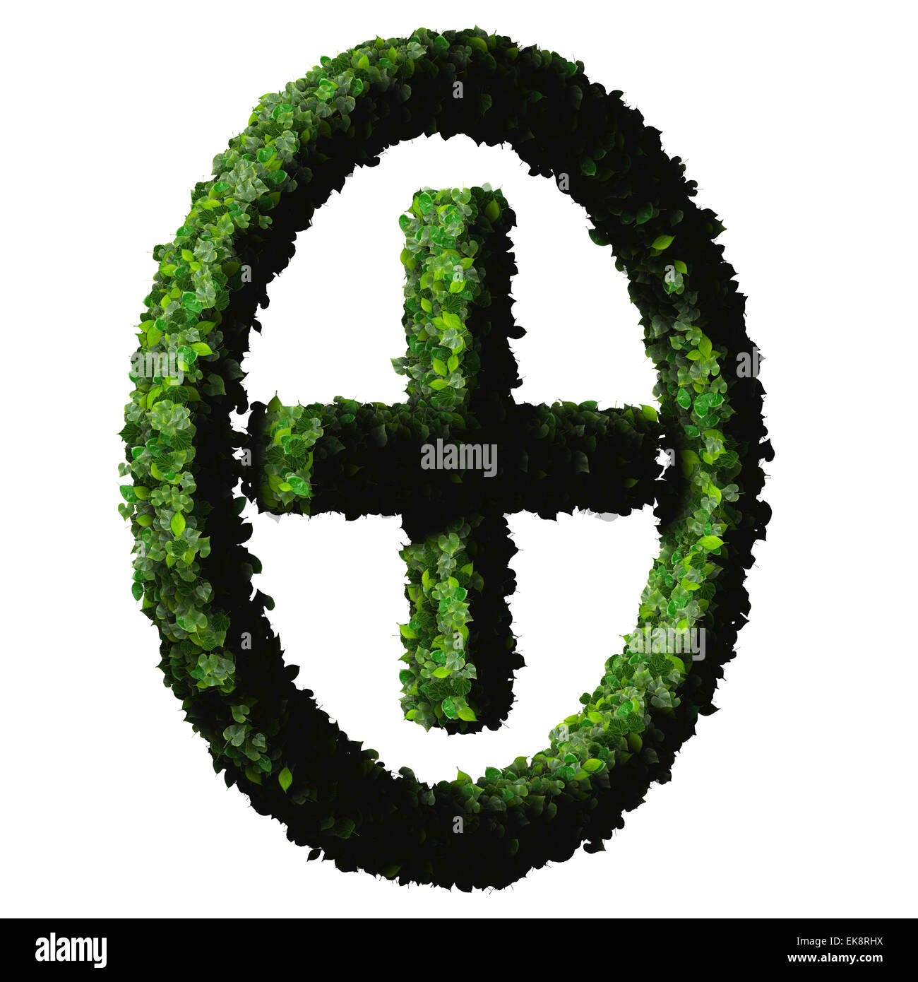 Pharmacy Plus with ring, sign made from green leaves isolated on black ...