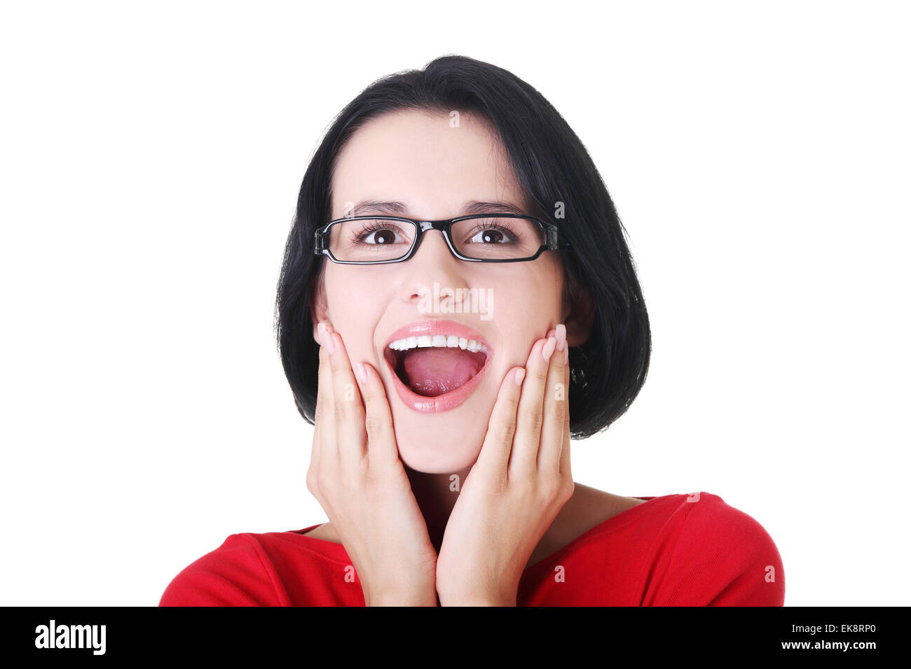 Shocked and excited woman looking up Stock Photo - Alamy
