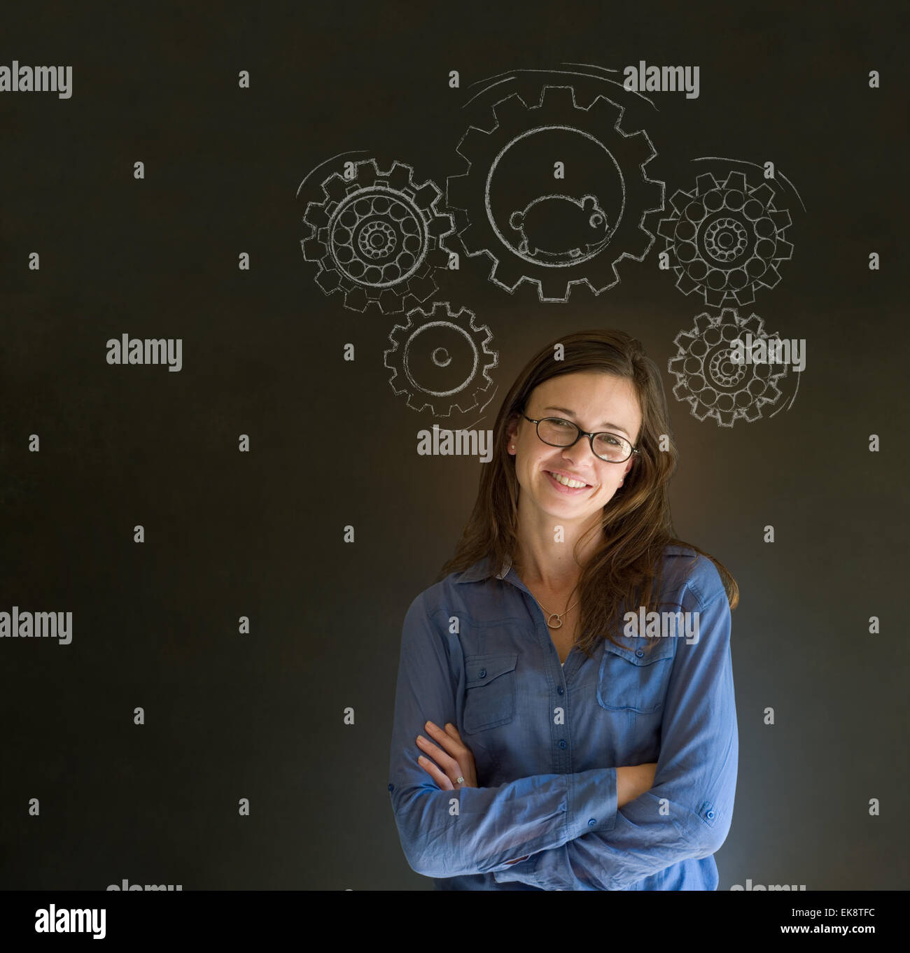 Thinking business woman with gear cogs and hamster Stock Photo - Alamy
