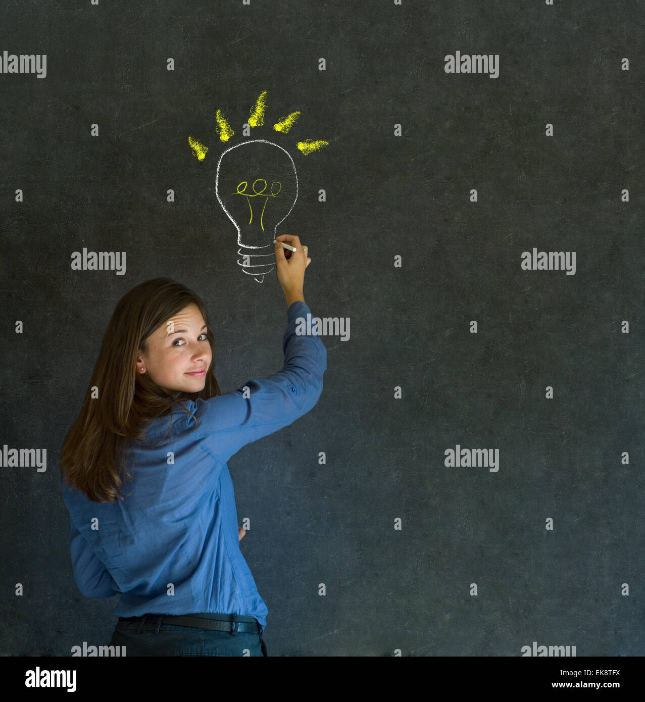Bright idea lightbulb thinking business woman Stock Photo - Alamy