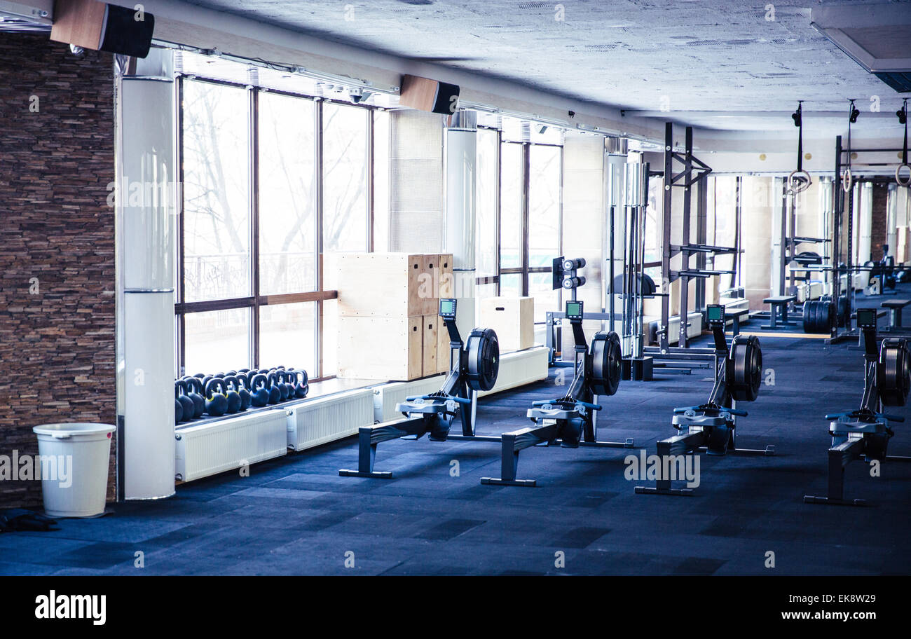 Closeup image of gym interior with equipment Stock Photo - Alamy