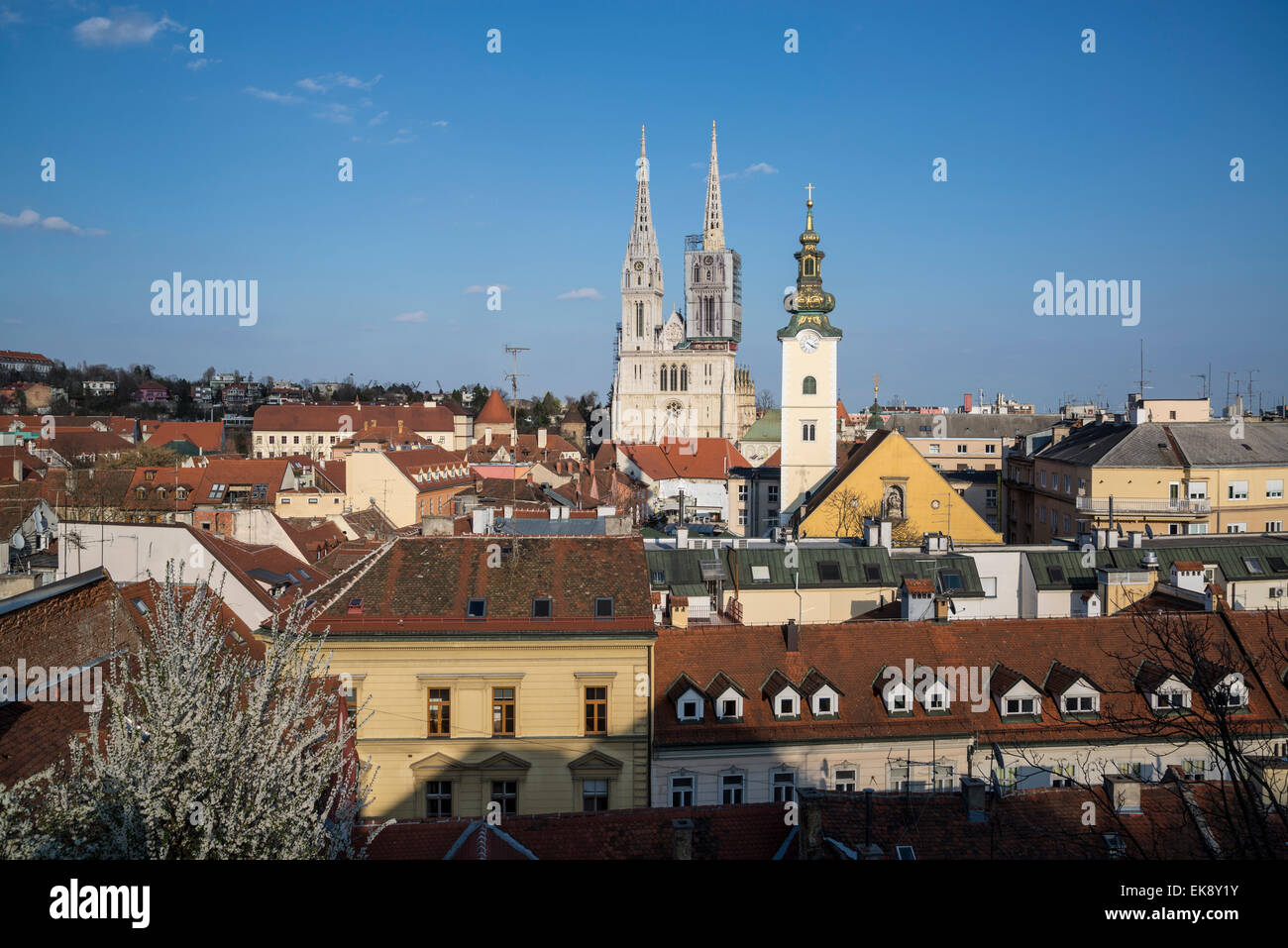 View of Kaptol with the Cathedral and Baroque church tower of Parish ...