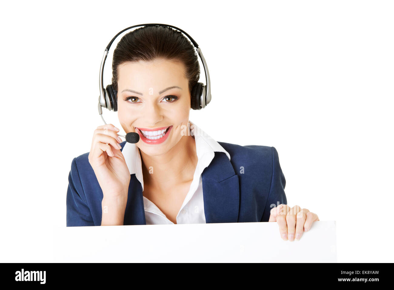 Call center worker holding blank sign board Stock Photo - Alamy