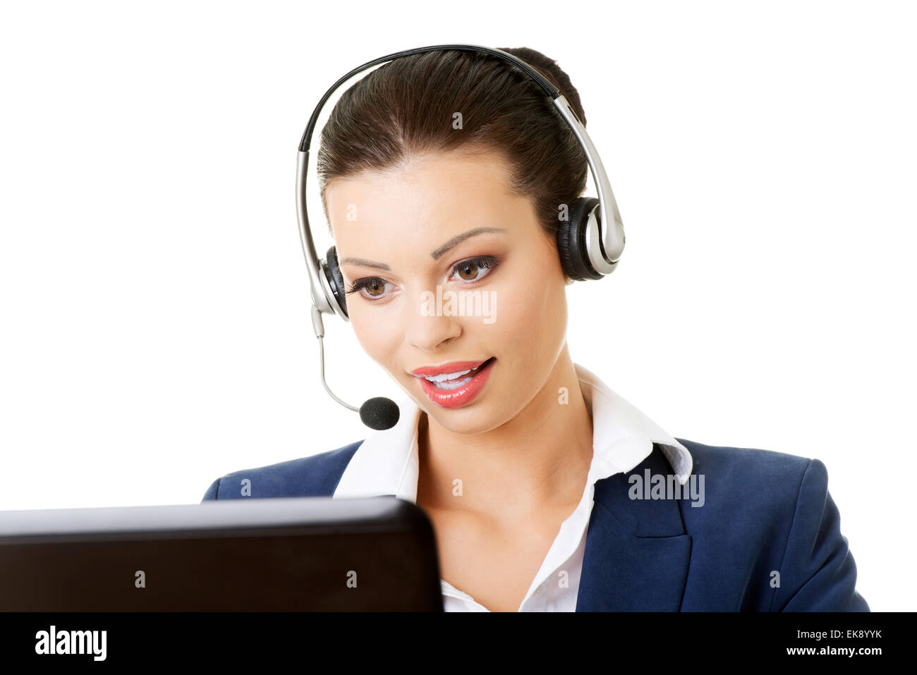 Beautiful young call-center assistant smiling Stock Photo - Alamy