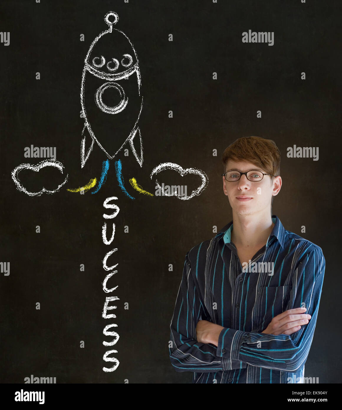 Business man and chalk success rocket Stock Photo - Alamy