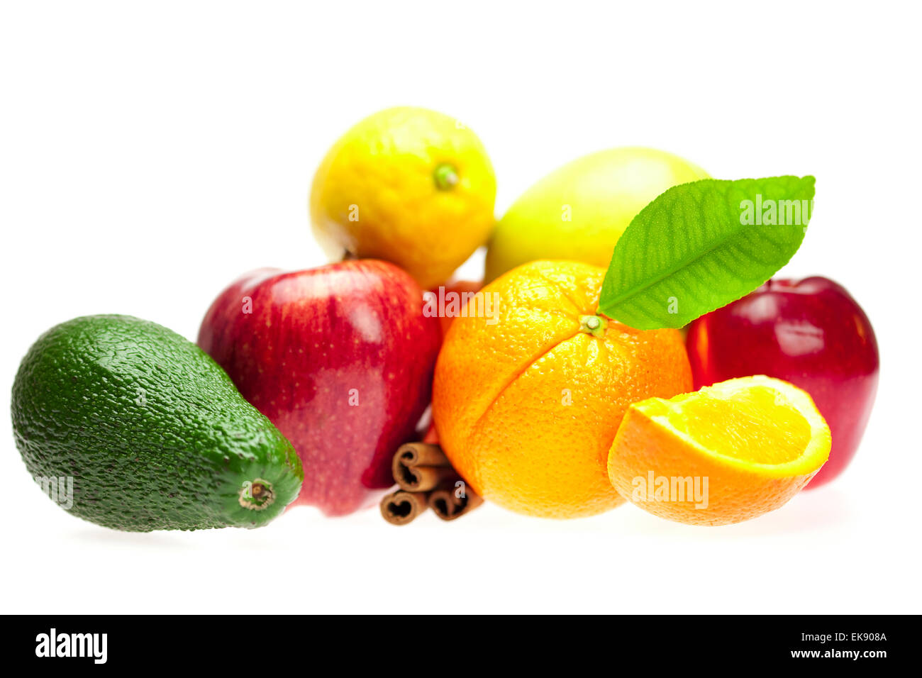 avocado, apple, orange, lemon, and cinnamon, isolated on white Stock ...